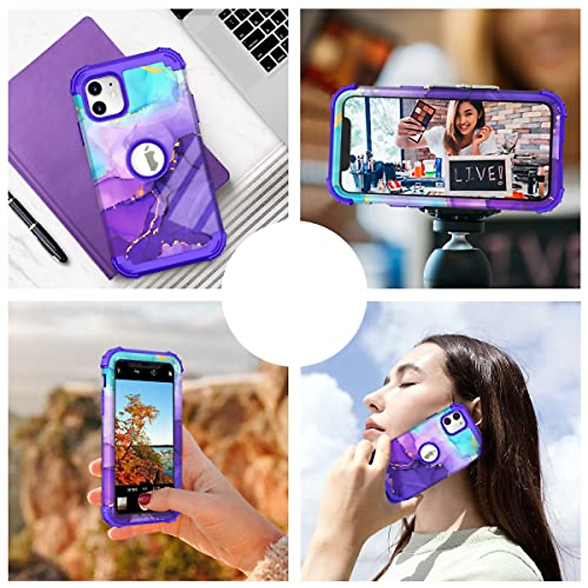 ZHOGTNEG for iPhone 11 6.1 inch case with 2pcs Tempered Screen Protector+1Pcs Len Camara Protector, Heavy Duty Shockproof Full-Body Protective Sturdy Hybrid Marble Case for Women,Girls,Kids