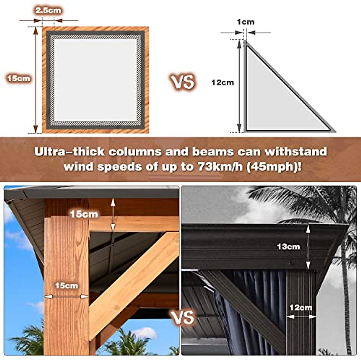 EROMMY 12'X14' Gazebo, Wooden Grain Aluminum Frame Canopy with Galvanized Steel Hardtop Roof, Outdoor Permanent Pavilion with Curtains and Nettings for Patio, Backyard, Deck