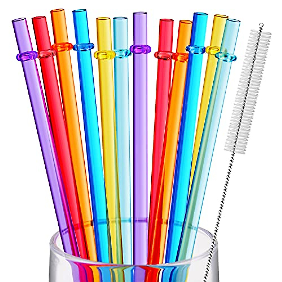 12 Pieces 11 Inches Reusable Plastic Straws for Tall Cups and Tumblers, BPA-Free Unbreakable Clear Colored Replacement Drinking Straws with 1 Cleaning Brush, Not Dishwasher Safe