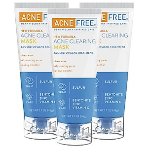 AcneFree Acne Clearing Mask, 3.5% Sulfur Acne Treatment, Absorbs Excess Oil and Unclogs Pores with Vitamin C, Bentonite, and Zinc, 1.7 Ounce - Pack of 3
