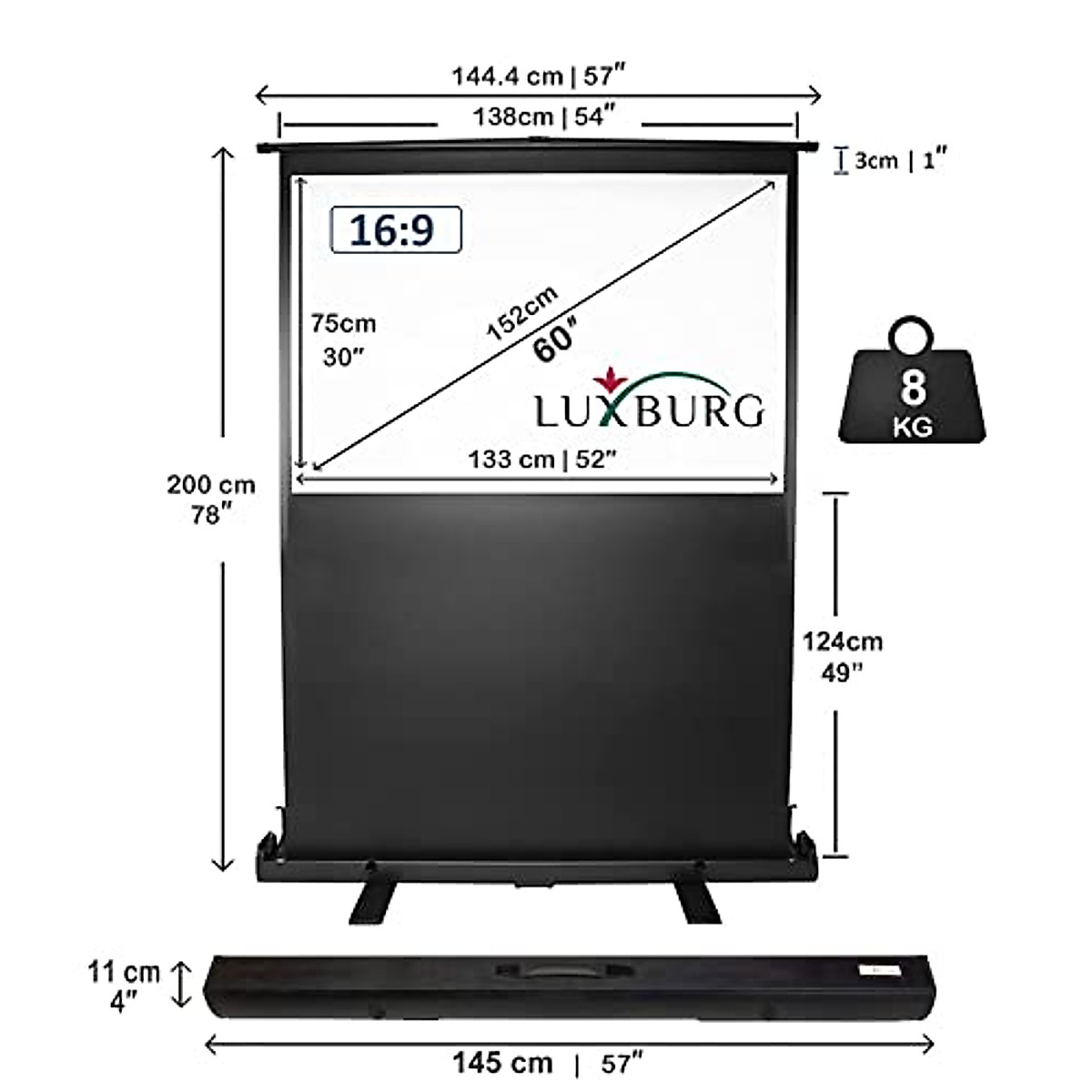 LUXBURG 60" 139x75 cm Full HD 3D Portable Freestanding Floor Pull-up Projector Projection Screen - Matt White Screen 16:9 (60"x29") with Carry case!