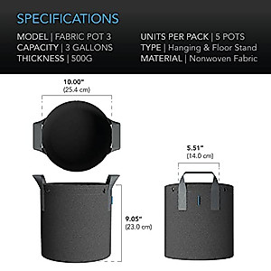AC Infinity Heavy Duty Fabric Pots, 3 Gallon Aeration Grow Bags 5-Pack with 500G Thick Nonwoven Fabric and Multi-Purpose Rings, for Low Stress Plant Training Fruits, Vegetables, and Flowers