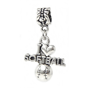Dangle I Love Softball Charm Bead for Charms Bracelets