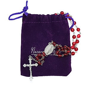 Nazareth Store Red Glass Beads Rosary Catholic Necklace Prayer Miraculous Medal Cross Holy Land Religious Gifts for Women and Men