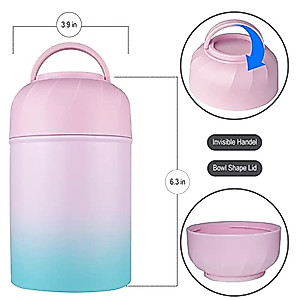 CocoMeiwei Thermos for Hot Food & Drinks, Thermos Lunch Box for Kids, 17oz Vacuum Insulated Food Container with Spoon&&Drawstring Bag, Soup Thermos for Adults, Pink&Green