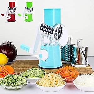 Rotary Cheese Grater with Handle for Fruit,Vegetables,Nuts, 3 In 1 Multifunctional Kitchen Square Drum Vegetable Cutter & Round Mandoline Slicer Nuts Grinder With 3 Interchangeable Blades (Blue)