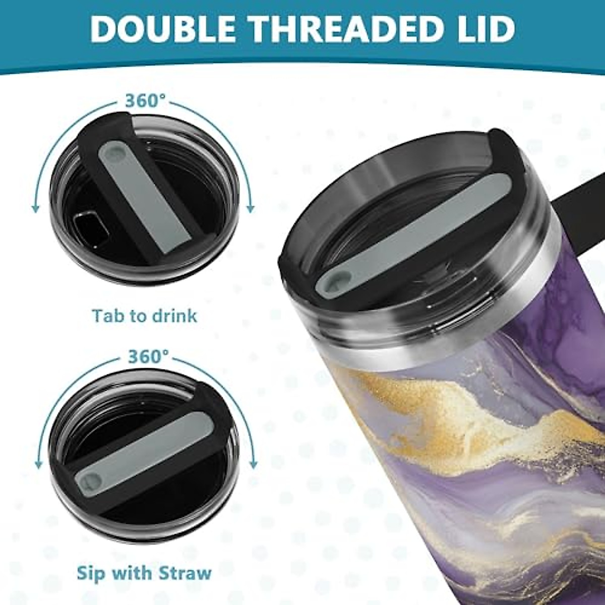 SEHANY Purple Marble 40 Oz Tumbler with Lid and Straw, Double Vacuum Stainless Steel Insulated Sports Water Bottle Cup Holder Friendly Leak-Proof Travel Coffee Cup for Iced Drink