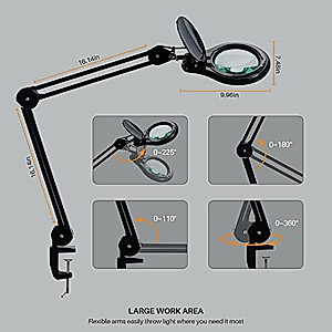 Bemelux LED Magnifying Lamp with Clamp, 5 Inch Magnifier Glass Lens, Metal Swing Arm Dimming 1200 Lumens Lighted Magnifying Desk Lamp for Crafts, Bright 60PCS LEDs - 2.25X Magnification(Black)