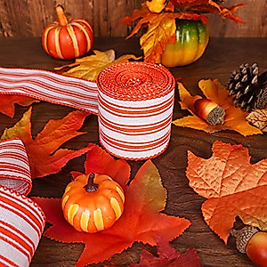 Whaline 2 Rolls Fall Thanksgiving Wired Ribbon Autumn Farmhouse Wired Edge Ribbon Orange Stripe Craft Ribbon for Bow Making Gift Wrapping Sewing Wreath Decoration, 2.5 Inch, 12 Yard