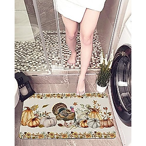 Bathroom Floor Shower Mat, Non-Slip Small Rugs - Easy to Clean, Harvest Turkey with Pumpkins and Sunflowers Maple Leaves Durable Bath Rug 16"x24" Washable Quick Dry Mats for Bathtubs