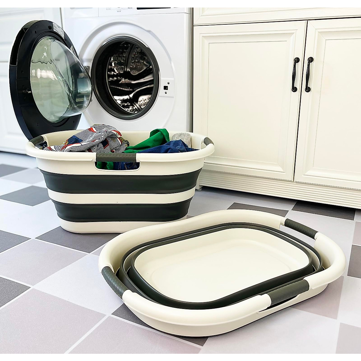 SAMMART 40L (10.5 gallon) Collapsible Plastic Laundry Basket - Foldable Pop Up Storage Container/Organizer - Portable Washing Tub - Space Saving Hamper/Basket (2, Grey/Washed Black)