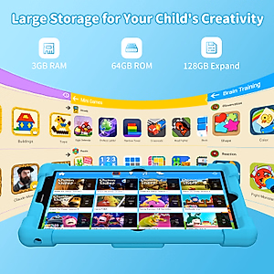 Headwolf Kids Tablet, Android Tablet for Kids 3GB RAM 64GB ROM Toddler Tablet with Case, Unisoc T310 Quad Core 8 Inch Tablet with Parental Control, Kids Software Pre-Installed, Dual Camera, WiFi, GPS