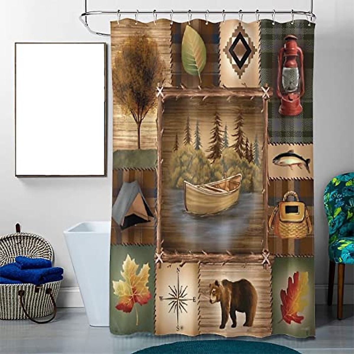 Zmcongz Lodge Bear Moose Shower Curtain Set with Rugs Retro Rustic Farmhouse Cabin Bath Curtain for Bathroom Waterproof Fabric Bathroom Decor Set, 72x72 Inch