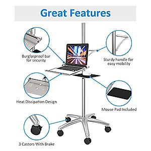 Aluminum Mobile Laptop Cart on Wheels, Height Adjustable Rolling Laptop Stand with Mouse Tray, Mobile Computer Workstation for Home, Office, School and Hospital