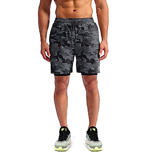 Pudolla Men’s 2 in 1 Running Shorts 7" Quick Dry Gym Athletic Workout Shorts for Men with Phone Pockets(Black Camo Large)