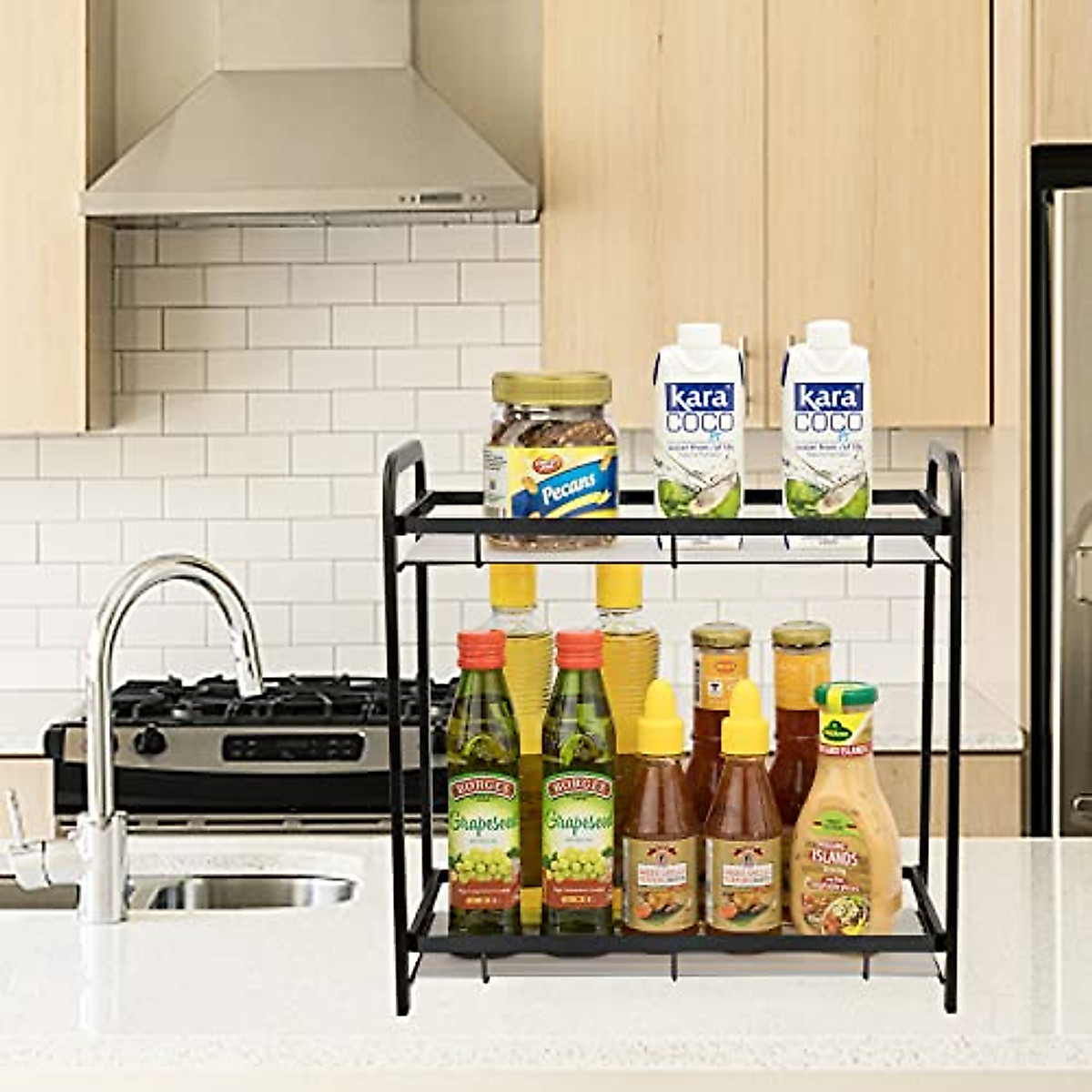 Hihotiner 2 Tier Bathroom Counter Organizer, Premium Sink Organizer Countertop, Kitchen Spice Rack Storage Shelf, Living Room Organization, Dresser Top Vanity Tray, Bedroom Storage, Black