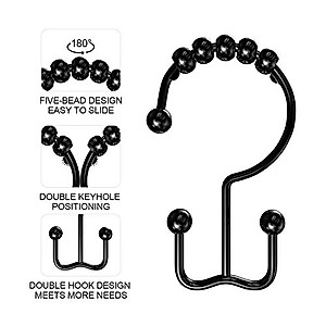 VMVN Shower Curtain Hooks Rings, Rust Resistant Shower Curtain Rings Metal Hook Double Glide Rollers, Shower Hooks for Bathroom Shower Curtain Rods,Set of 12