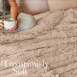 The Connecticut Home Co Throw Blanket Soft Fluffy Room Decor, Cozy Warm Throws for Bed, Couch, Gifts for Women, Bedroom Cute Aesthetic Blankets Shag and Sherpa, 65x50, Beige
