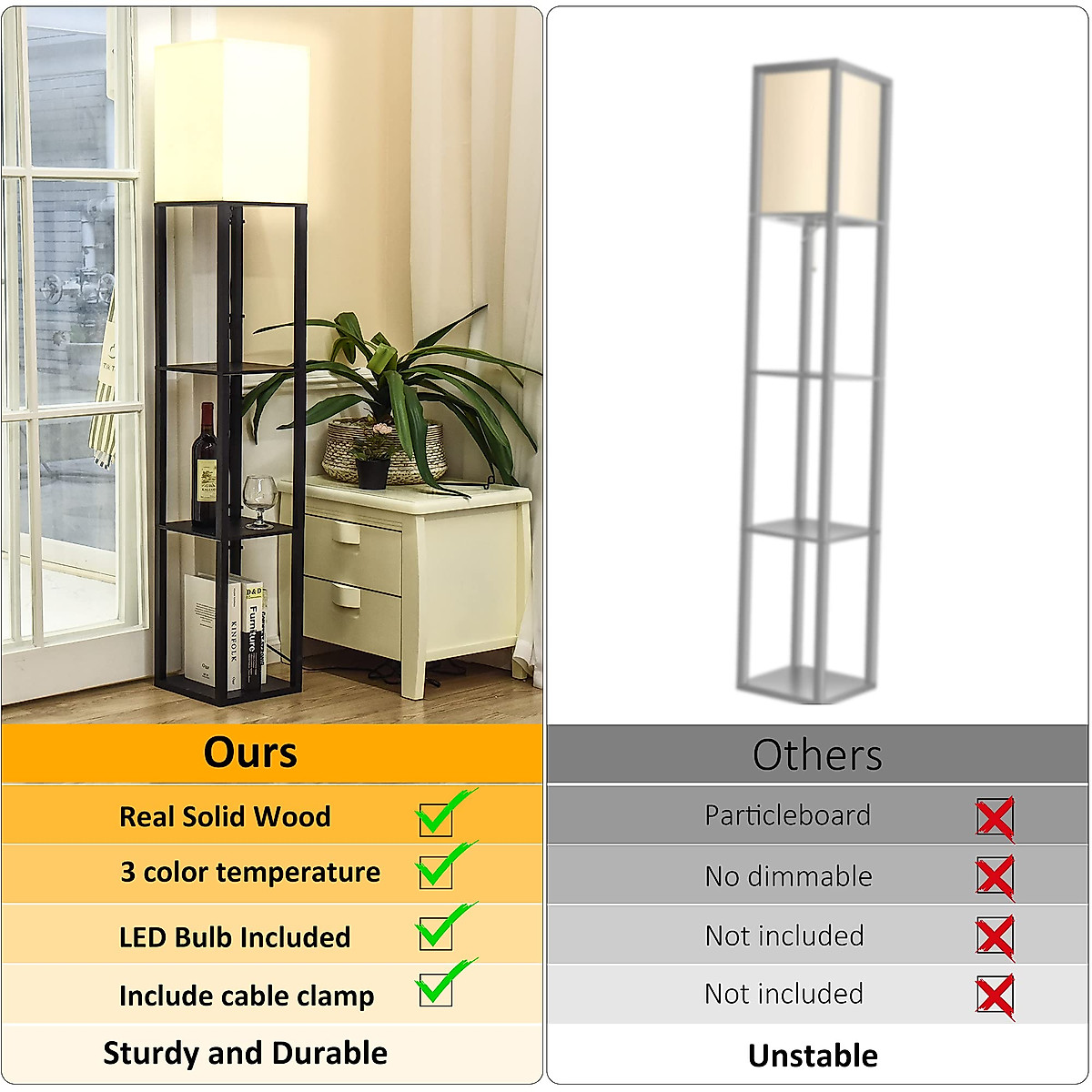 PESRAE Floor Lamp with Shelves by Solid Wood, Modern Shelf Floor Lamp with 3 Color Temperature, Linen Lampshade and Storage Shelves for Living Room, Bedroom, Bulb Included, Matte Black