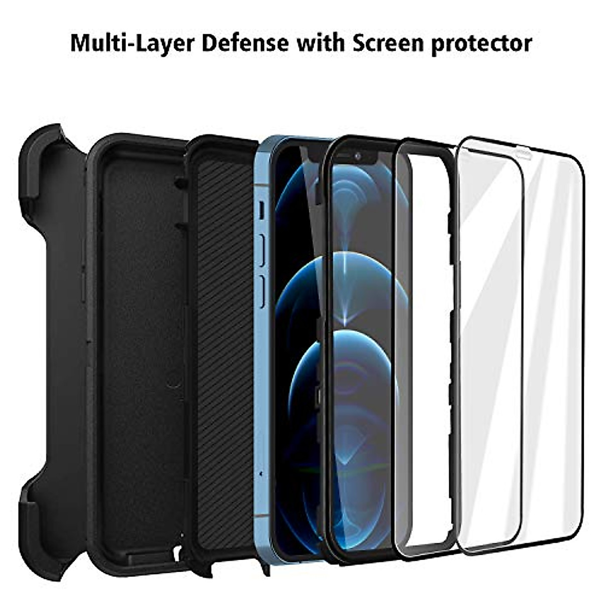 Defense iPhone 12 Case iPhone 12 Pro Case with Two Screen Protector 3 Layer Rugged Heavy Duty Cases for iPhone 12/ iPhone Pro,6.1 inch 2020 (Black)