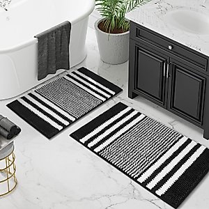 Tindbea Bathroom Rugs Set 2 Piece, Extra Soft and Absorbent Fluffy Striped Chenille Bath Mat Rug Set, Non Slip Bathroom Floor Mat, Machine Washable (20" x 32" Plus 16" x 24", Black)