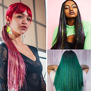 Hair Tinsel Kit with Tool 12 Colors 3000 Strands Hair Tinsel Kit Shiny Fairy Hair Tinsel Extensions Colord Party Highlights Glitter Hair Extensions Multi-Colors Hair Tinsel Kit (12 Colors, 45")