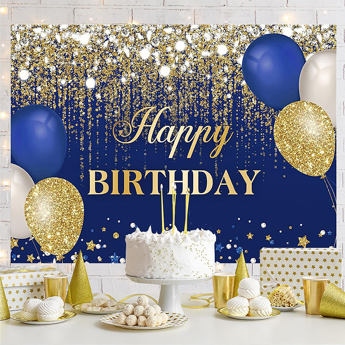 Aperturee Blue and Gold Happy Birthday Backdrop 7x5ft Glitter Golden Dots Diamonds Balloons Women Girls Sweet 16 Bday Photography Background Party Decorations Cake Table Banner Photo Booth Props