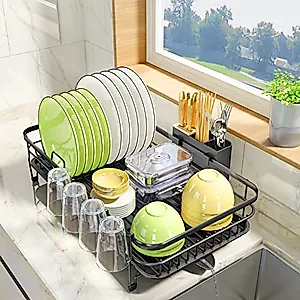 PXRACK Dish Drying Rack, Expandable(12.8"-21.5") Dish Rack with Utensil Holder Cup Holder, Stainless Steel Dish Rack and Drainboard Set for Kitchen Counter, Black