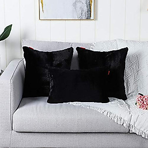 MANDIOO Pack of 2 Black Faux Fur Fuzzy Cozy Soft Decorative Throw Pillow Covers Set Cushion Cases Pillowcases for Sofa Bedroom Car 16x16 Inches