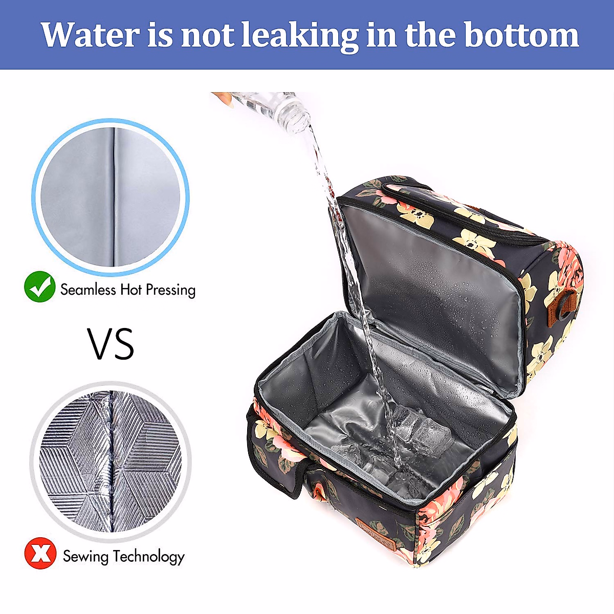 LOKASS Lunch Bag Women Double Deck Insulated Lunch Box Large Cooler Tote Bag with Removable Shoulder Strap Wide Open Thermal Meal Prep Lunch Organizer Box for Adults Work/College/Outdoor, Black Peony