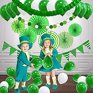 Green Party Decorations - Green Hanging Triangle Flags Banner Round Garland Four-Leaf Clover Garland Paper Fans Balloons for Men Women Birthday St Patrick's Day Decorations Graduation Baby Shower