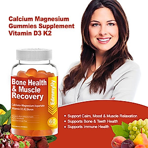 Calcium Magnesium Gummies Supplement for Adults With Vitamin D3 K2 High Absorption Magnesium Glycinate 200mg Calcium Citrate 600mg Supplements for Bone, Muscles, Calm, Mood, Vegan, Gluten-Free,Non-GMO