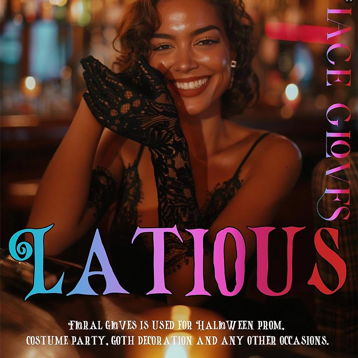 Latious Black Lace Finger Prom Gloves White Short Halloween Wrist Length Gloves Accessories for Women (Black-1)