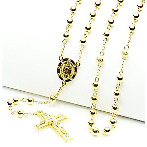 metaltree98 14k Gold Plated 6mm Bead Guadalupe & Jesus Cross 28" Rosary Necklace HR 600 G