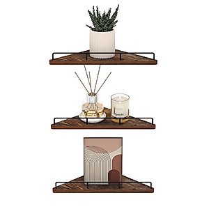 Trwcrt Floating Corner Shelf Wall Mounted Set of 3, Rustic Wood Wall Storage Shelves for Bedroom, Living Room, Bathroom, Kitchen, Brown