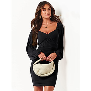 ANRABESS Women's Sexy V Neck Ruched Bodycon Mini Dress Puff Long Sleeve Cocktail Wedding Guest Formal Party Short Dresses Black Small