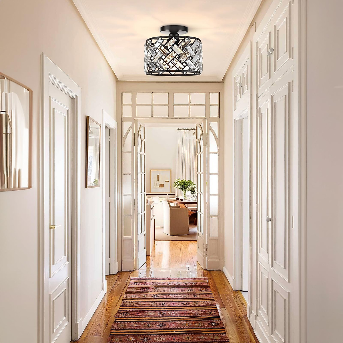 FRIDEKO HOME Light Fixtures Ceiling Mount - Black Hallway Light Fixtures Ceiling Crystal Semi Flush Mount Ceiling Light Bedroom Ceiling Lights for Kitchen Living Room Bathroom Porch