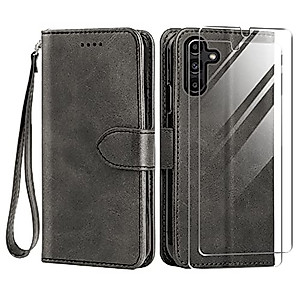 for Samsung Galaxy A14 5G Case and Tempered Glass Screen Protector, PU Leather Flip Cover Wallet Phone Case Protector [Full Protection] [Card Slots] [Kickstand] for Samsung Galaxy A14 4G, Black
