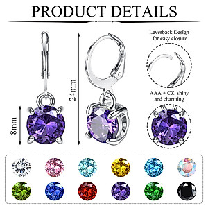 JOERICA 12 Pairs Leverback Dangle Earrings for Women Stainless Steel Dangle Hoop Earrings Set Multi Colored 8mm Cubic Zirconia Earrings
