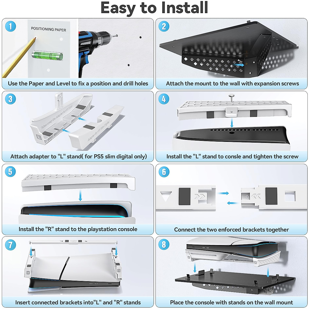 Kosker PS5 Slim Wall Mount Kit Horizontal, PS5 Shelf Wall Mount Horizontal for PlayStation 5 Slim Disc & Digital, PS5 Accessories Base Stand, Upgraded Floating PS5 Wall Mount with Screw Fixing