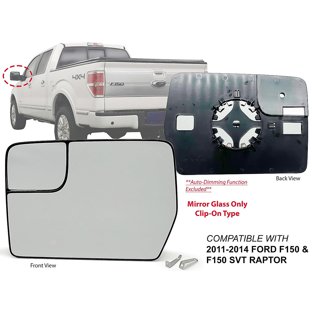 APA Replacement for Mirror Glass with Spotter Glass Non-Heated 2011-2014 F150 and SVT RAPTOR Pickup Truck Driver Left Side BL3Z17K707D FO1324144