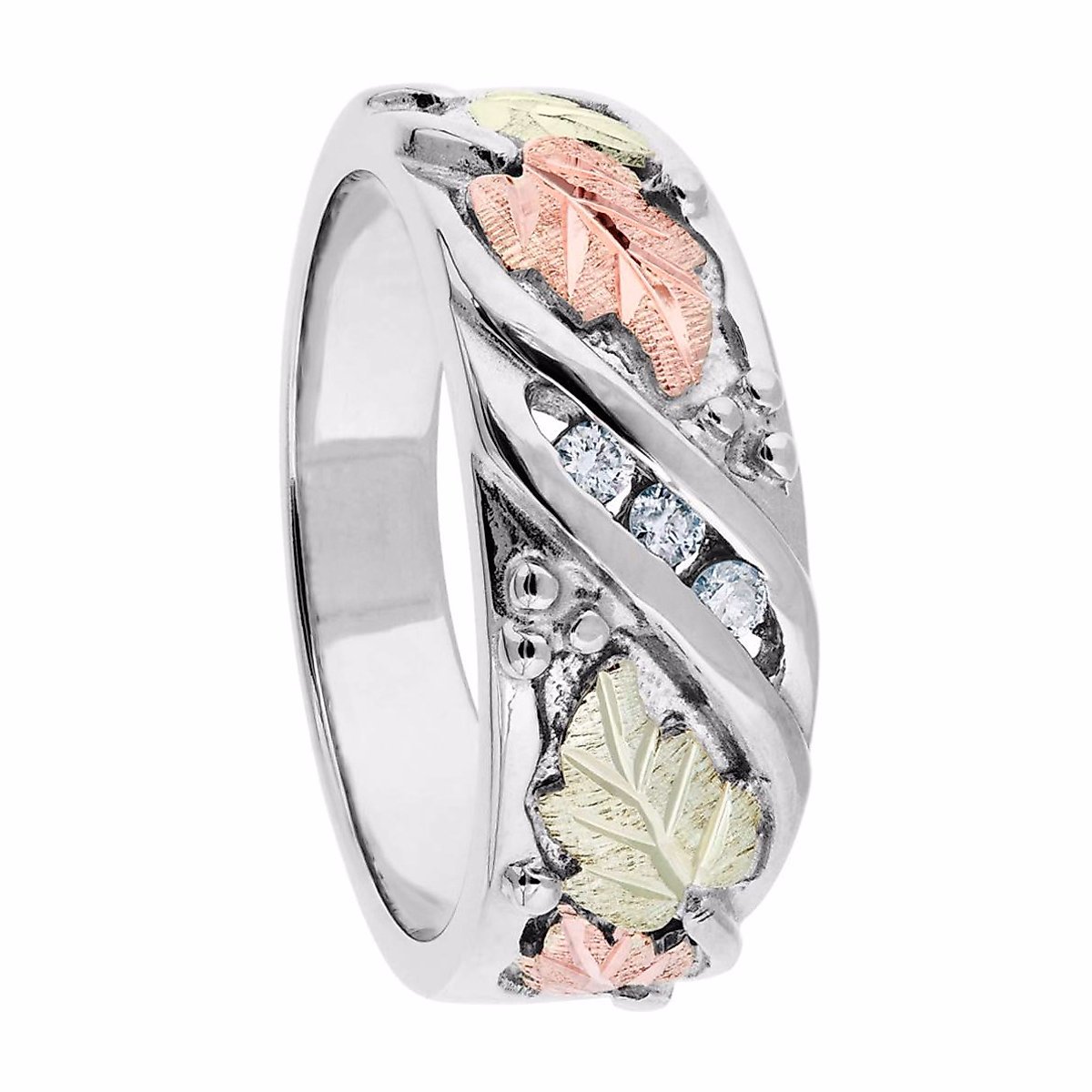 10k White Gold Diamond 7.24mm Wedding Ring, 12k Rose and Green Black Hills Gold Size 7.5