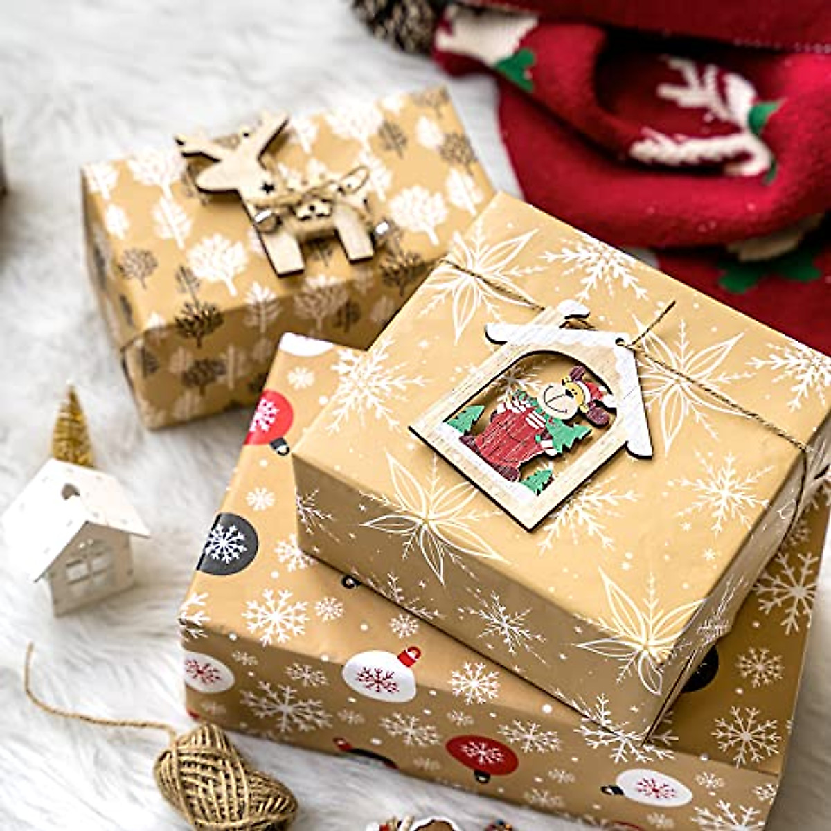 MAYPLUSS Christmas Wrapping Tissue Paper - 90 Sheets - Kraft Santa Design - 13.7 inch X 19.7 inch Per Sheet