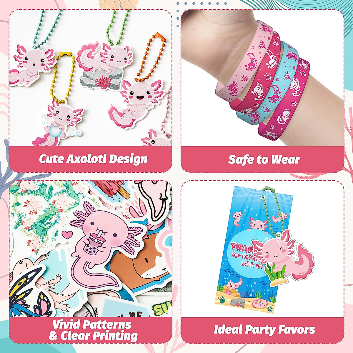 EYxsaxenk 122Pcs Axolotl Party Favor Pack of Reptile Animal Rubber Bracelet Resin Ornaments Temporary Tatto Sticker Keychain with Thank You Cards and Organza Bag for Axolotl Party Goodie Bag Supply