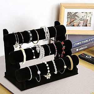 OSPNIEEK Velvet Bracelet Holder with 3 Tier Rack, Black Detachable Jewelry Display Stand T-Bar Necklace Storage Organizer for Bangles Watch Bracelets Scrunchies Organization Showcase