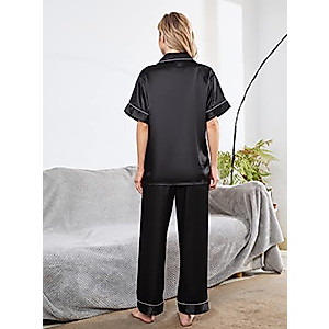 AUECK Silk Satin Pajamas Set Women Two-Piece Nightwear Short Sleeve Sleepwear Soft Button Down Loungewear Pjs Set S-XXL(Black,Large)