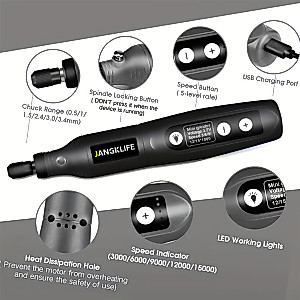 JANGKLIFE Mini Cordless Rotary Tool Kit, 5-Speed ​​Adjustable and USB Rechargeable with 61 Accessories for Sanding, Polishing, Drilling, Etching, Engraving, DIY Crafts