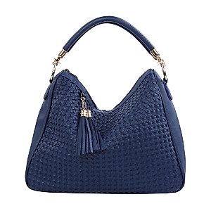 Premium PU Leather Double Tassel Interlace Braided Satchel Shoulder Bag Handbag, Blue
