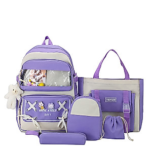 DUOBAOYU 5PCS Kawaii Backpack Set with Cute Pendants and Pins Accessories Aesthetic Rucksack for Teen Girls 17in Cute School Bags Bookbag with Shoulder Bag,Pencil Box,Tote Bag,Small Bag,Purple