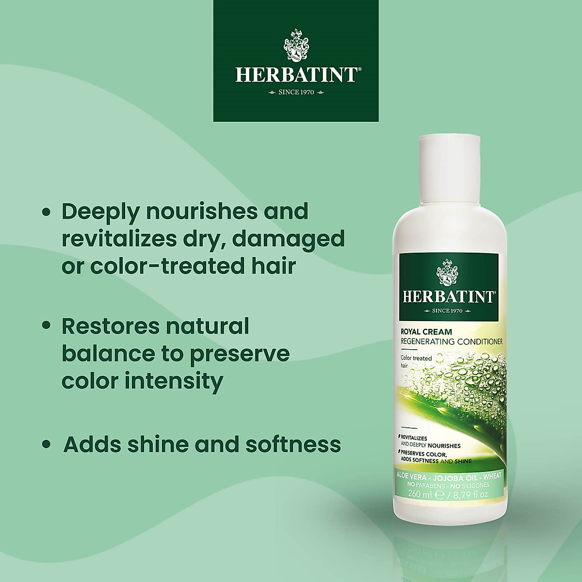 Herbatint Royal Cream Conditioner - With Aloe Vera, Jojoba Oil & Wheat Germ - Enhances Color, Softness & Shine - No Parabens, Sulfates, Gluten - 8.79 fl oz